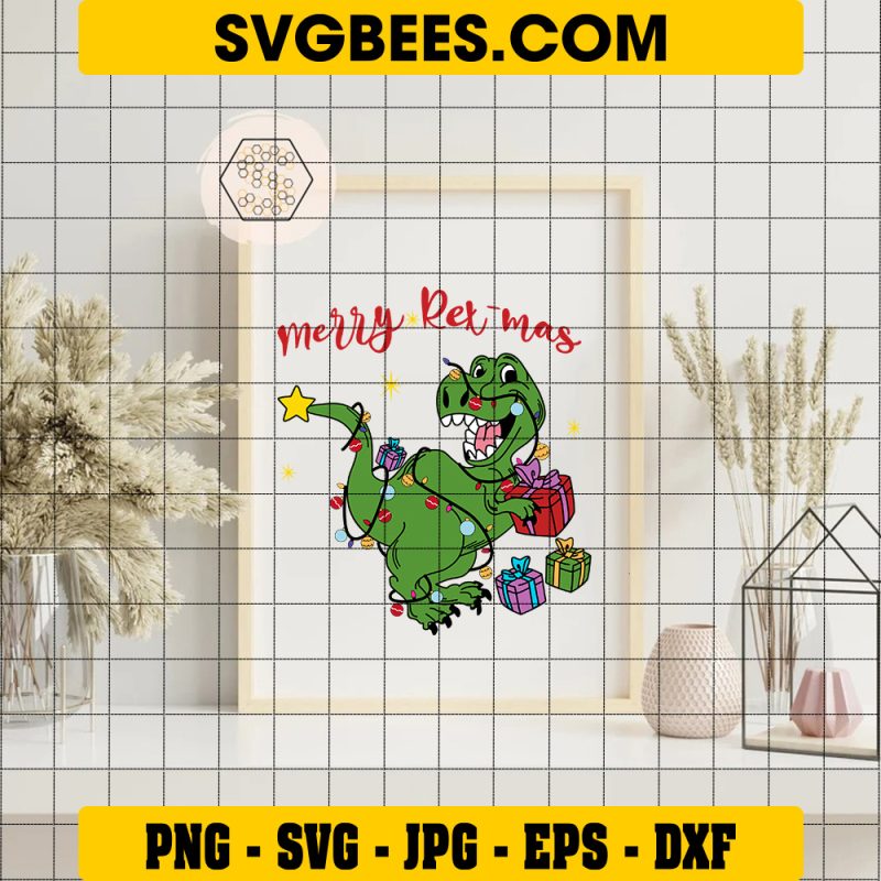 Merry Rexmas SVG PNG, Christmas Lights Dinosaur T-rex SVG - SVGbees